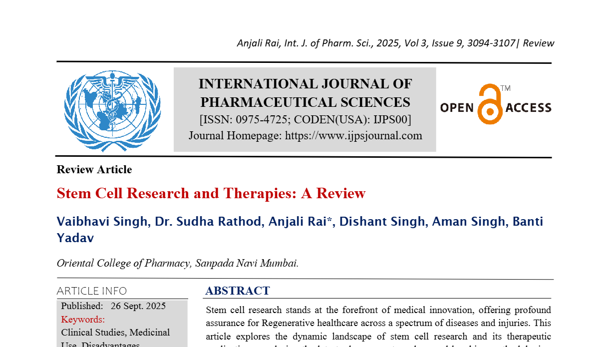 Stem Cell Research and Therapies: A Review | IJPS Journal