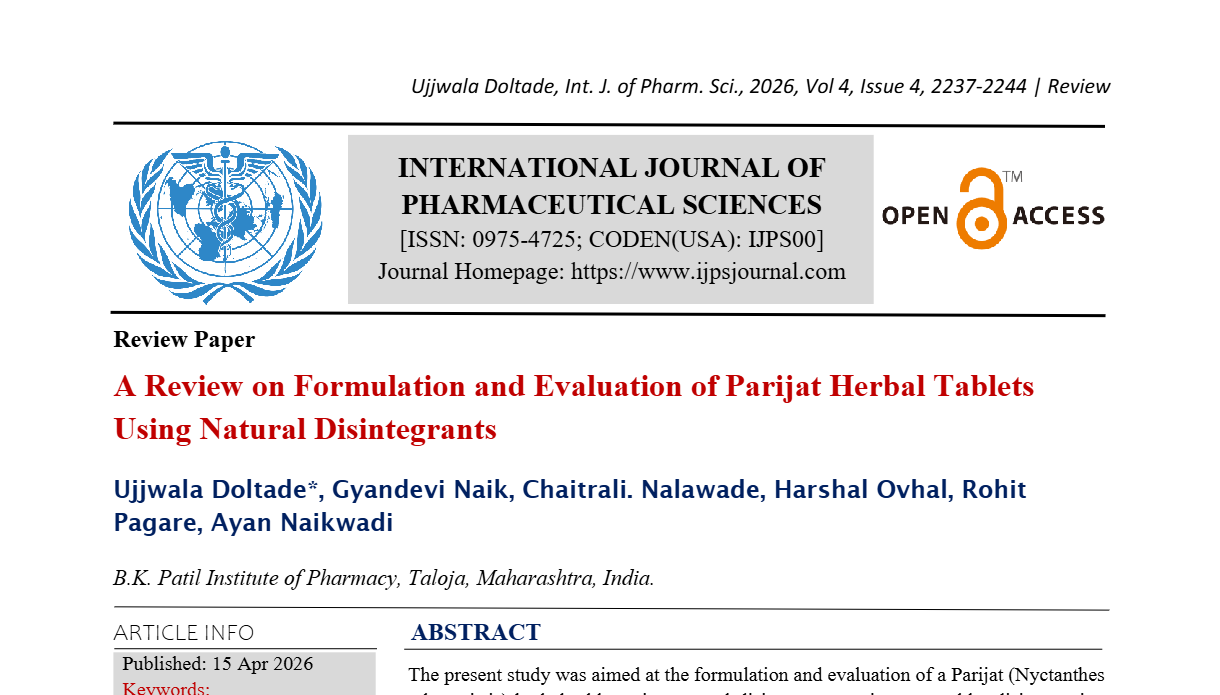 A Review on Formulation and Evaluation of Parijat Herbal Tablets Using ...